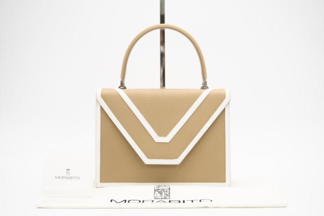 ☆安心の3大保証☆ ABランク ≪MORABITO モラビト/ハンドバッグ≫ レザー ホワイトライン  ベージュ ホワイト レディースバッグ 美品 送料無料