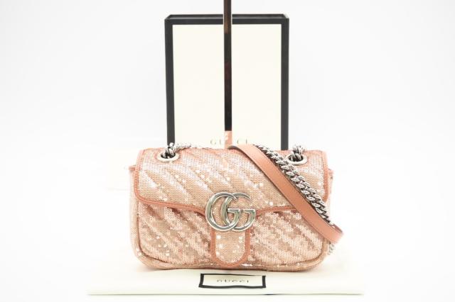 ☆安心の3大保証☆ Aランク ≪GUCCI グッチ/ショルダーバッグ≫ 446744 GGマーモント キルティング ミニバッグ ピンク スパンコール 極美品 送料無料