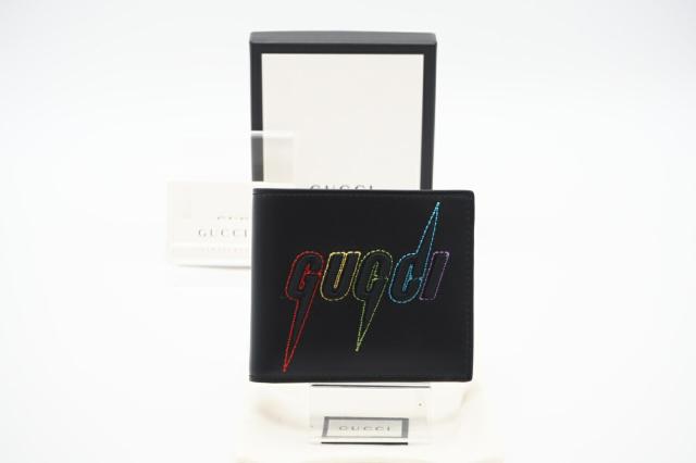 ★3日以内返品可★ GUCCI グッチ 597674 エンブロイダリー レザー二つ折り札入れ ブラック マルチカラー 財布