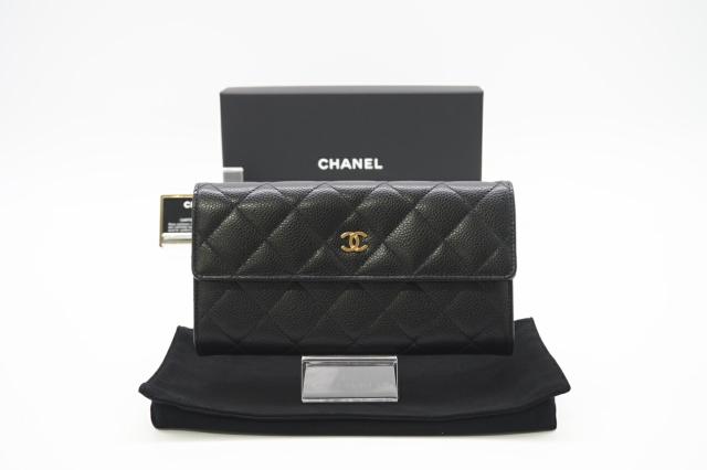 ★3日以内返品可★ CHANEL シャネル A50096 キャビアスキン マトラッセ フラップ ロングウォレット ブラック ボルドー 長財布