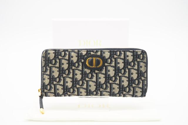 ★3日以内返品可★ Christian Dior  クリスチャン ディオール - オブリーク ジャカード モンテーニュ ロングジップウォレット ネイビー ベージュ 長財布