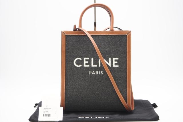 ★3日以内返品可★ CELINE セリーヌ 192082ENU.09BE コットン レザー テキスタイル スモールバーティカルカバ グレー ブラウン バッグ