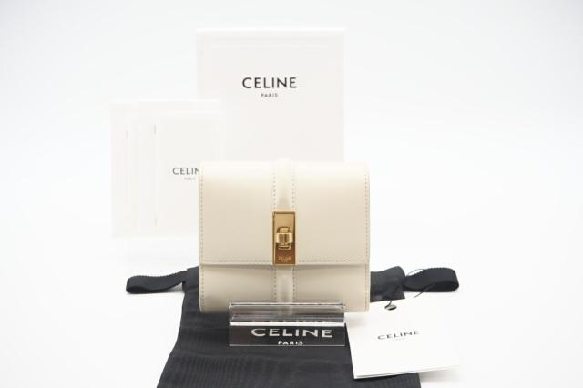 ★３日以内返品可★ CELINE セリーヌ 10F523CQ7.38NO サテンドカーフスキン スモール トリフォールドウォレット 16セーズ ベージュ 財布