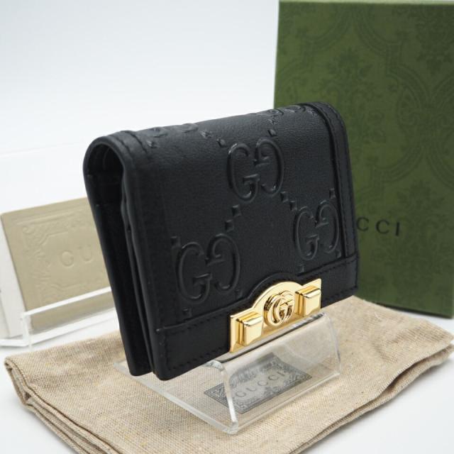★3日以内返品可★ GUCCI グッチ 676150 GGエンボス レザー カードケースウォレット ブラック 二つ折り財布 極美品