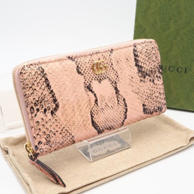 ★3日以内返品可★ GUCCI グッチ 456117 パイソンレザー GGマーモント ピンク ラウンドフンァスナー長財布 美品