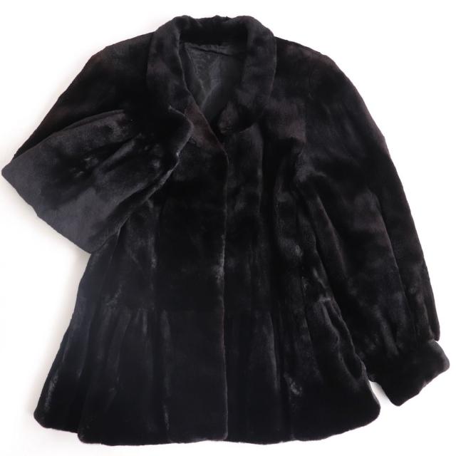 美品☆MINK　シェアードミンク　デザイン　裏地花柄刺繍入り　本毛皮コート　ダークブラウン　F　毛質艶やか・柔らか◎