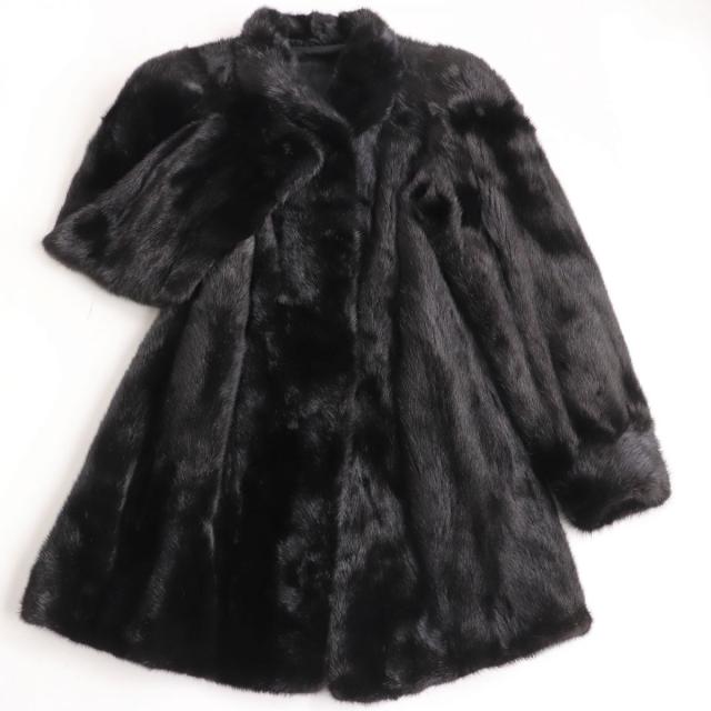 極美品☆MINK ミンク 裏地花柄デザイン 逆毛 本毛皮コート ダークブラウン（ブラックに近い） 11号 毛質艶やか・柔らか◎