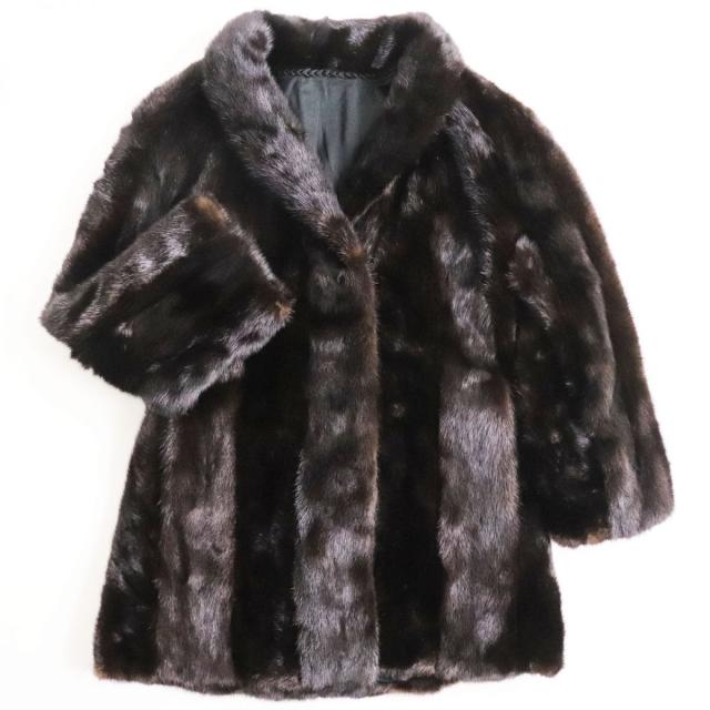 美品●MINK ミンク 逆毛切り替え 裏地花柄刺繍 本毛皮ショートコート ジャケット ダークブラウン 9号 毛質艶やか・柔らか◎