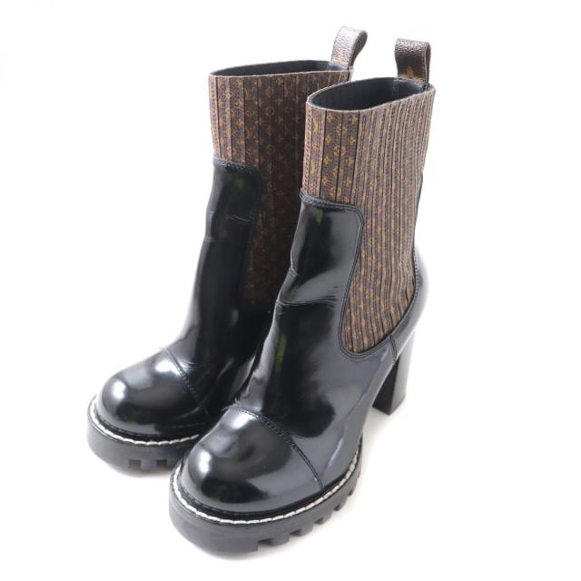 【ドンドン見直し】美品★ ルイヴィトン スタートレイルライン ナノモノグラムパターン レザー アンクルブーツ 茶×黒 35 1／2 伊製