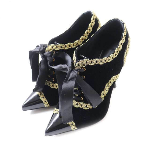 【ドンドン見直し】美品★DOLCE&GABBANA ドルチェ＆ガッバーナ ポインテッドトゥ レース装飾 ベロア×レザー パンプス 黒×金 36 箱/袋