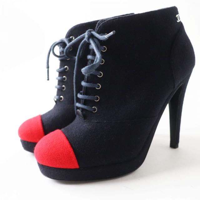 【ドンドン見直し】極美品◎CHANEL シャネル G30404 レディース ココマーク付 レースアップ ウール素材 ブーティ 紺×赤 35 1／2