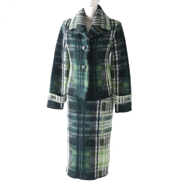 【ドンドン見直し】極美品◎正規 イタリア製 エリザベッタ フランキ モヘア混 ニット セットアップ JK×SK 緑系 チェック柄 40・44