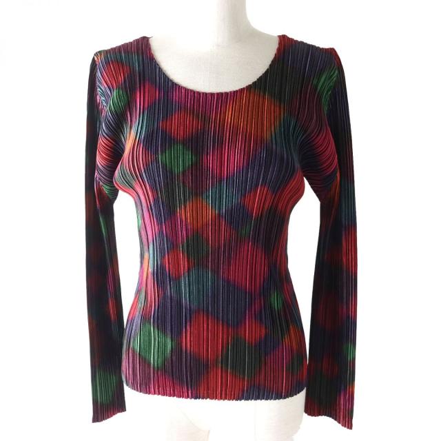 【ドンドン見直し】極美品△正規品 プリーツプリーズ イッセイミヤケ PP93-JK707 総柄デザイン 長袖 カットソー レディース 4 日本製