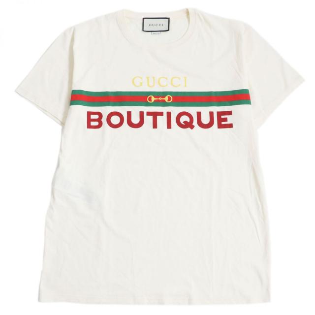 極美品□GUCCI/グッチ 615044 BOUTIQUE ウェブライン ロゴプリント コットン100％ 半袖Tシャツ/カットソー オフホワイト M 伊製 正規品