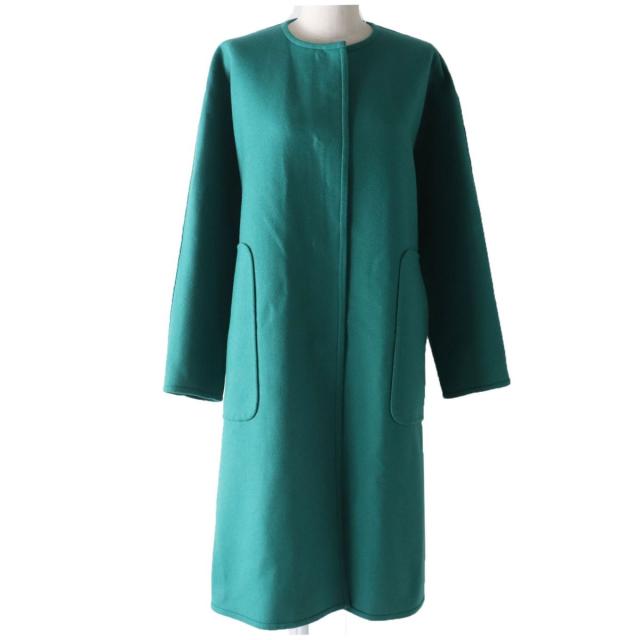 【ドンドン見直し】極美品☆正規品 ドゥロワー 6525-234-0652  メルトン ウール  リバーノーカラーコート Aライン ベルト付 グリーン 34