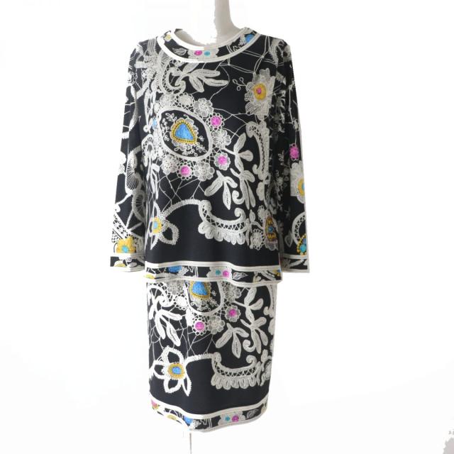 美品◎正規品 LEONARD FASHION レオナール ファッション 0349100/0342100 レディース シルク混ウール セットアップ ブラック×マルチ M/66