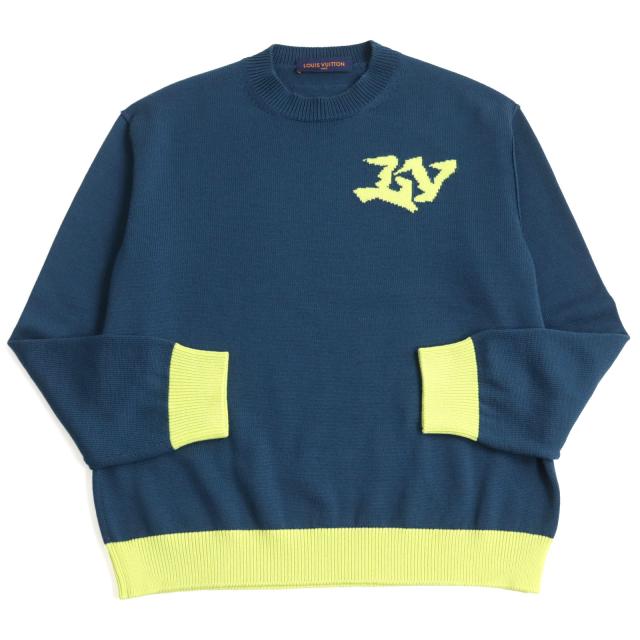 極美品 ルイヴィトン 22AW HNN02W LVロゴ刺 シグネチャークルーネックニットセーター ブルー イエロー M イタリア製 正規品 メンズ