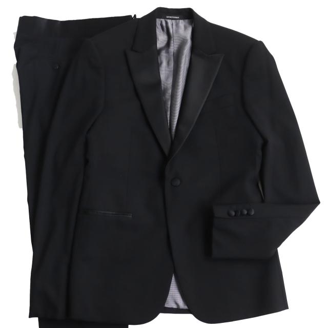 極美品 Emporio Armani エンポリオアルマーニ シルク混 黒タグ M LINE シングル フォーマルスーツ セットアップ ブラック 46 正規品