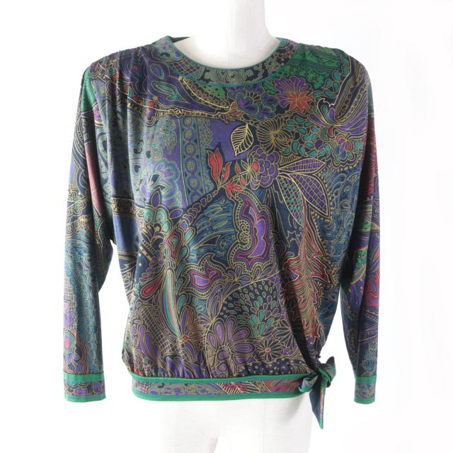 美品★LEONARD レオナール ウール シルク混 総柄 ウエストリボン付 クルーネック 長袖 カットソー マルチカラー L レディース