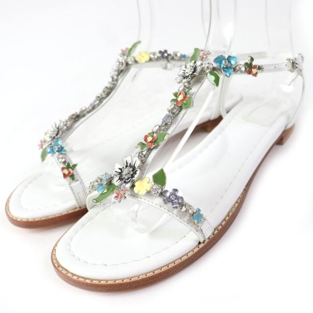 未使用品△ツルバイマリコオイカワ Minty レザー フラワージュエル アンクルストラップ付き ビジューサンダル フラットサンダル 白 37