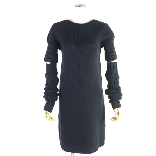 美品▼HERMES エルメス カシミヤ100% アームカバー付き Vバック ニット ワンピース グレー 38 イタリア製 正規品 レディース