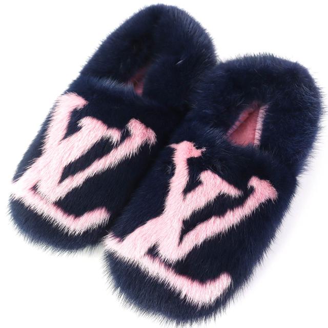 【ドンドン見直し】極美品△LOUIS VUITTON ルイヴィトン ドリーミー・ライン ミンクファー LVロゴ ルームシューズ スリッポン 紺 35