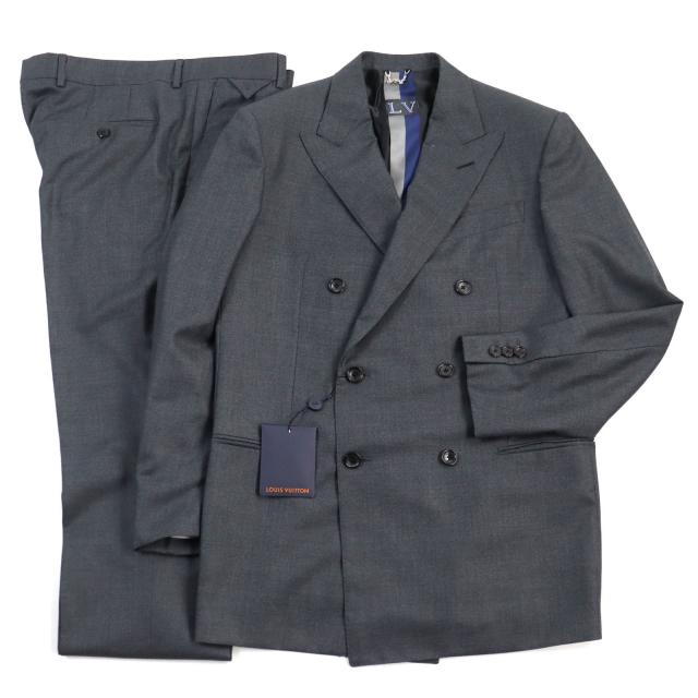 未使用品○ルイヴィトン HGCF7W シルク混 LVロゴ刺繍 ピークドラペル ダブルブレスト スーツ グレー 50 伊製　正規品