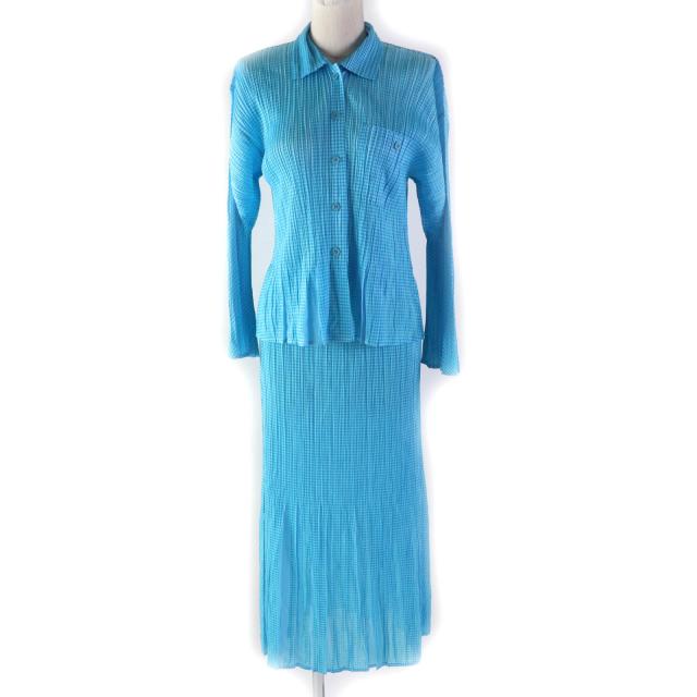 美品★プリーツプリーズ イッセイミヤケ PP22-JJ853/PP22-JG855 チェック柄 長袖シャツ＋ロングスカート セットアップ 水色 3 正規品