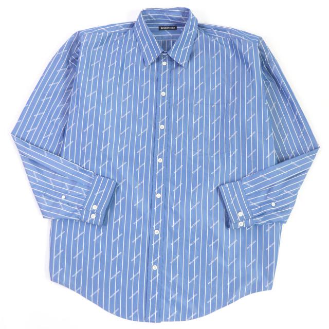 美品□バレンシアガ 2019年製 595214 ストライプ ロゴ総柄 エンブロイダリー オーバーサイズ 長袖シャツ ブルー 39 イタリア製 正規品