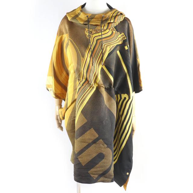 極美品□ダンヒル Kenta Cobayashi DU20RH033T0207 シルク ロングテール カタログプリント フーデッド ポンチョ 黒系 M 伊製 正規品