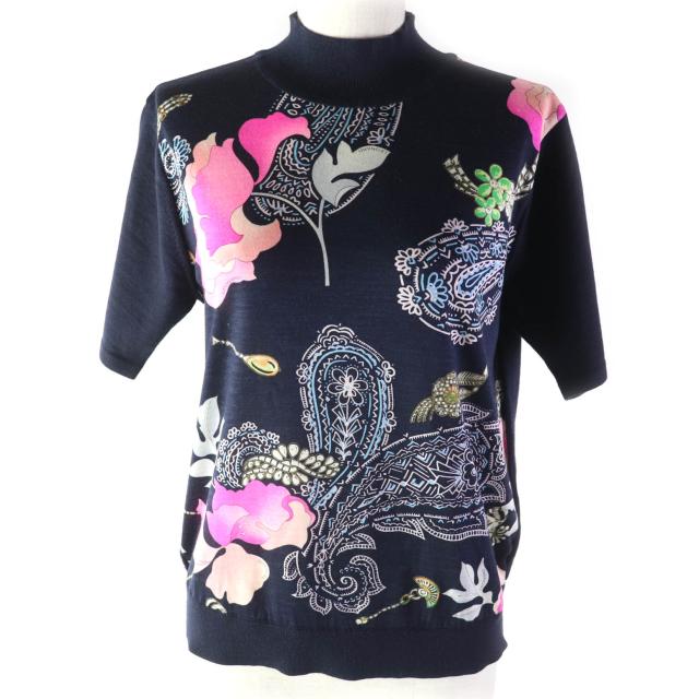 美品★レオナール ファッション フラワー ペイズリー柄 シルク混 ウール ハイネック 半袖ニット ネイビー マルチ L 日本製 正規品