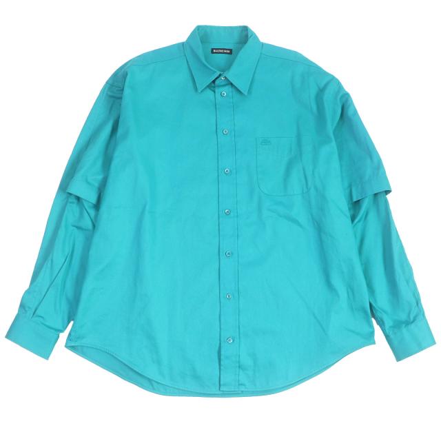 極美品□BALENCIAGA バレンシアガ 595219  BBロゴ刺繍 オーバーサイズ ダブルスリーブ ワークシャツ 長袖シャツ ターコイズ 40 正規品