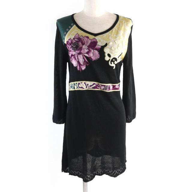 極美品★レオナール ファッション 0387454 ビーズ ラインストーン装飾 ロゴ刺繍入り 七分丈 ニット チュニック ブラック マルチ L 正規品