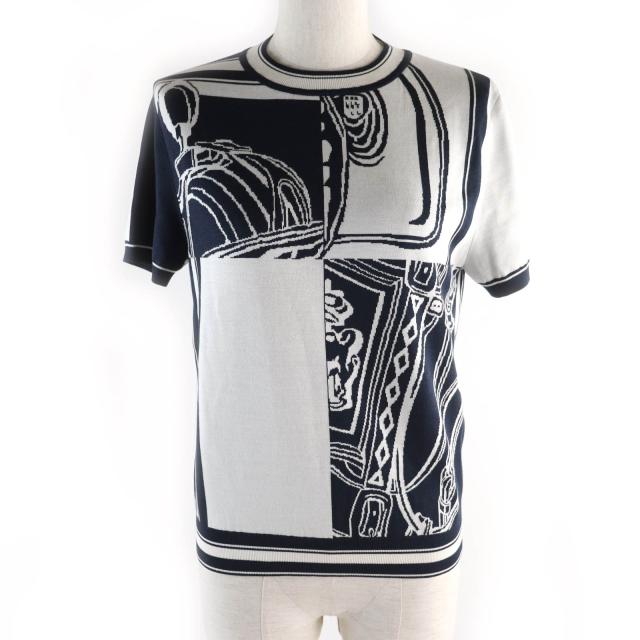 未使用品★エルメス 定価253000円 24年製 無秩序 シルク ニットジャガード ショートスリーブ ニット ネイビー ホワイト 38 伊製 正規品