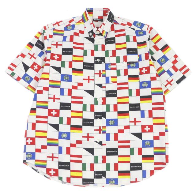 美品□BALENCIAGA バレンシアガ 18SS 556869 コットン 国旗 総柄 ロゴ刺繍 オーバーサイズ 半袖シャツ ホワイト系 38 正規品 メンズ