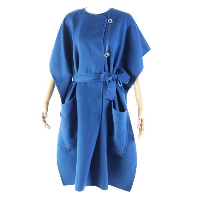 未使用品◎HERMES エルメス 2E0136DG カシミヤ100％ シルバー金具 セリエボタン ベルト付き ノーカラー ロングコート ブルー 38　正規品