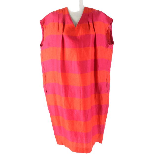 美品△ドゥロワー 6526-299-0997 シルク混 ワイドボーダー Vネック ノースリーブ ワンピース ピンク オレンジ 36 正規品 レディース