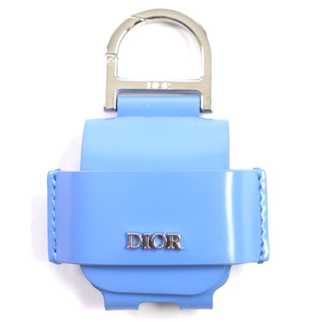 美品▼DIOR ディオール オム レザー ロゴ金具付き イヤホンケース AirPods ライトブルー シルバー 保存袋付き イタリア製 メンズ