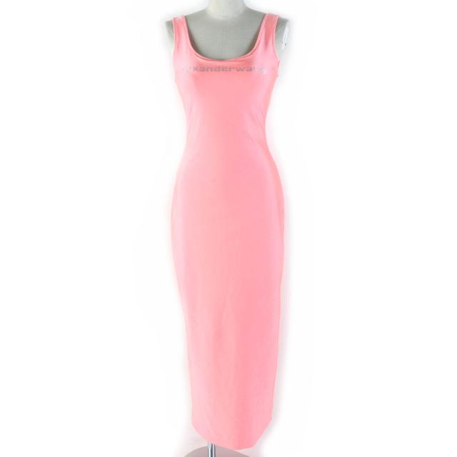 美品☆Alexander Wang アレキサンダーワン クリスタルロゴビジュー ストレッチサテン ジャージーマキシ ドレス コーラルピンク S 正規品
