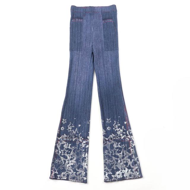 極美品☆PLEATS PLEASE プリーツプリーズ イッセイミヤケ PP22-JF811 デニム転写 スタープリント フレアパンツ 2 正規品 レディース
