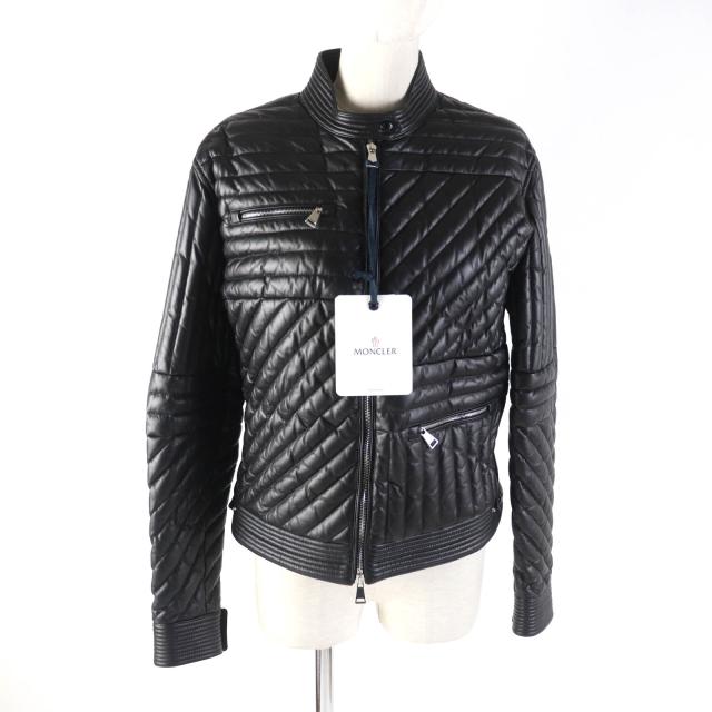 未使用品★MONCLER モンクレール FLAMANT ラバーロゴワッペン付 ラムレザー ライダース ダウンジャケット ブラック 1 正規品 レディース