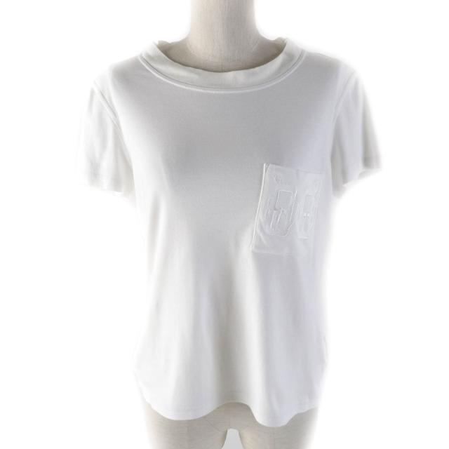 美品★HERMES エルメス コットン100％ ボートネック ショートスリーブ 刺繍入り ポケット付 Ｔシャツ ホワイト 38 正規品 レディース