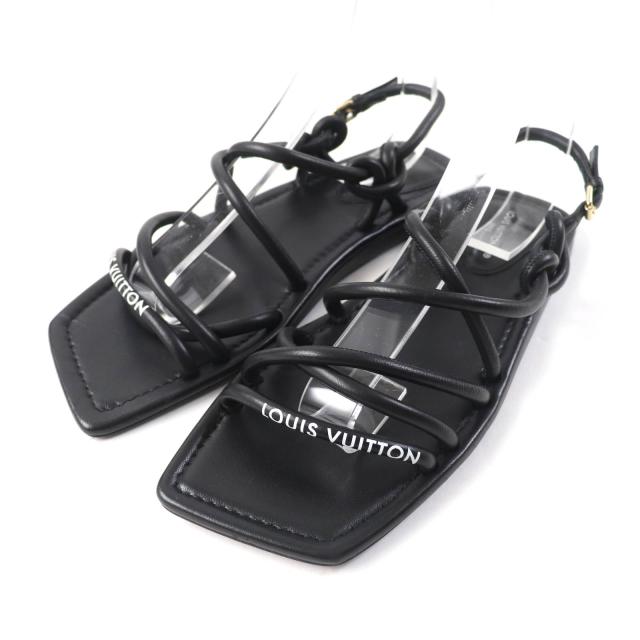 極美品★LOUIS VUITTON ルイヴィトン アイコンロゴ スクエアトゥ アンクルストラップ レザー フラット サンダル ブラック 35.5