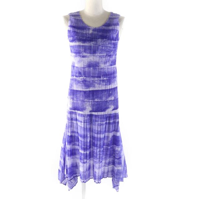 美品★PLEATS PLEASE プリーツプリーズ イッセイミヤケ PP31-JH925 総柄 裾変形プリーツ ノースリーブ ワンピース 紫 白 1 日本製 正規品