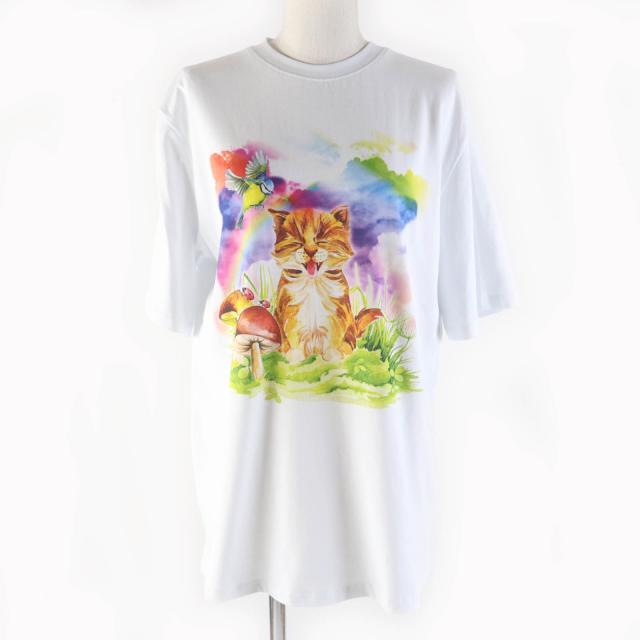 未使用品★MSGM エムエスジーエム 21年製 コットン100％ レインボー キャットプリント クルーネック 半袖Ｔシャツ ホワイト XXS 正規品