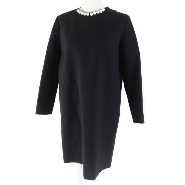 極美品◎YOKO CHAN ヨーコチャン YCD-318-398 フェイクパール付き 長袖 ひざ丈 ワンピース ブラック 40 日本製 正規品 レディース