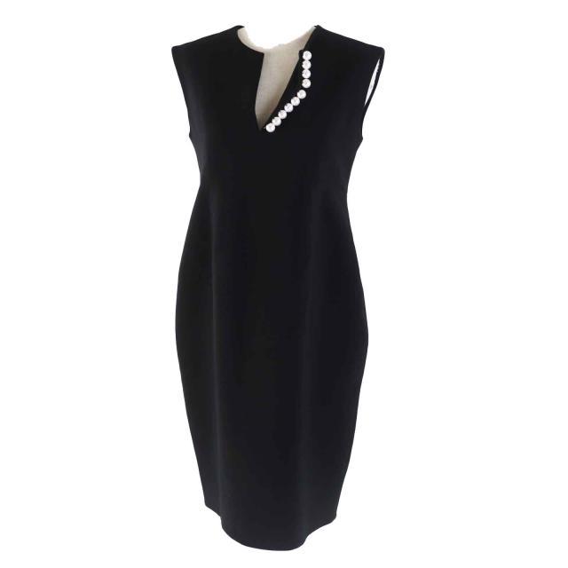 美品◎YOKO CHAN essence ヨーコチャンエッセンス YED-117-010 フェイクパール付き ノースリーブ ワンピース ブラック 38 日本製 正規品