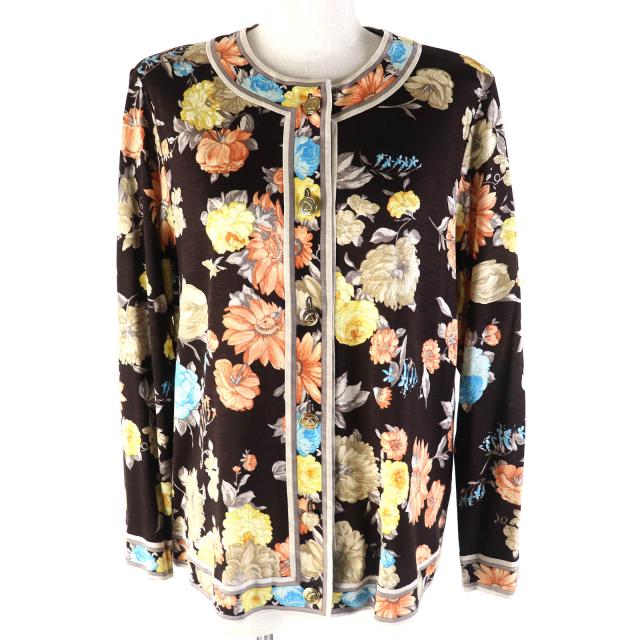 美品△LEONARD FASHION レオナール ファッション ウール シルク 花柄デザイン ロゴ金ボタン カーディガン 焦げ茶 マルチカラー L 正規品