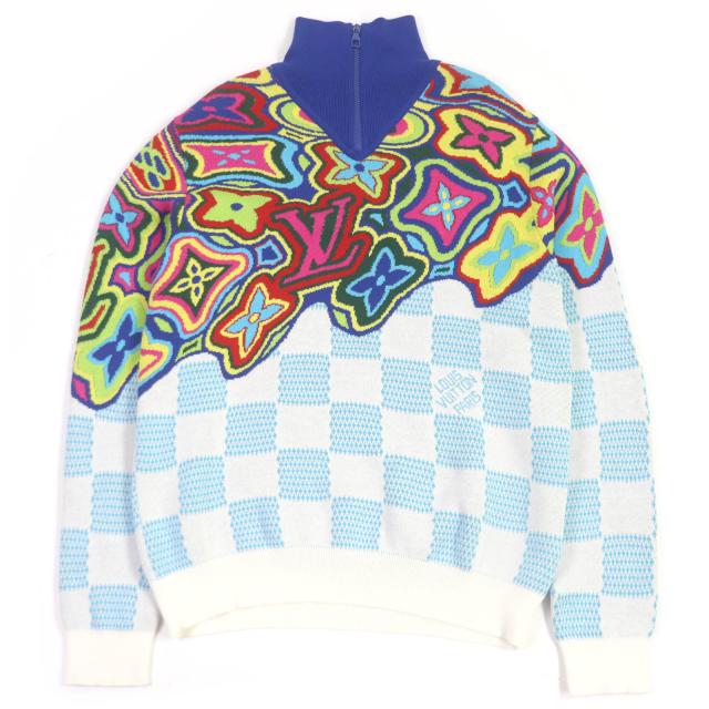 極美品□LOUIS VUITTON ルイヴィトン 21SS 1A8P4N ディストーテッドモノグラム ダミエ ハーフジップ ニット マルチ M イタリア製 正規品