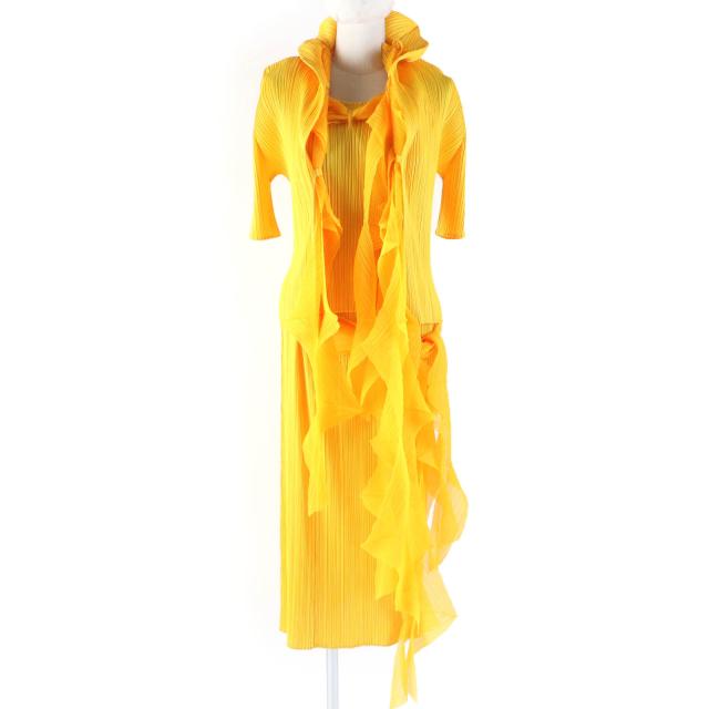 極美品☆PLEATS PLEASE プリーツプリーズ ノースリーブカットソー カーディガン スカート セットアップ イエロー 3・2 正規品 レディース